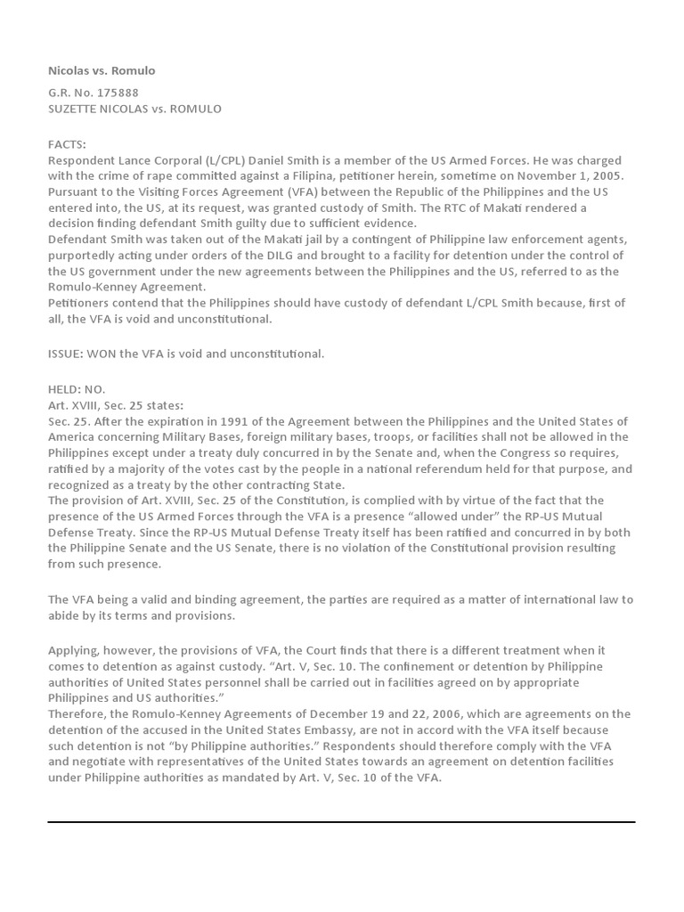 Nicolas Vs Romulo Case Digest | PDF | Treaty | Remand (Detention)