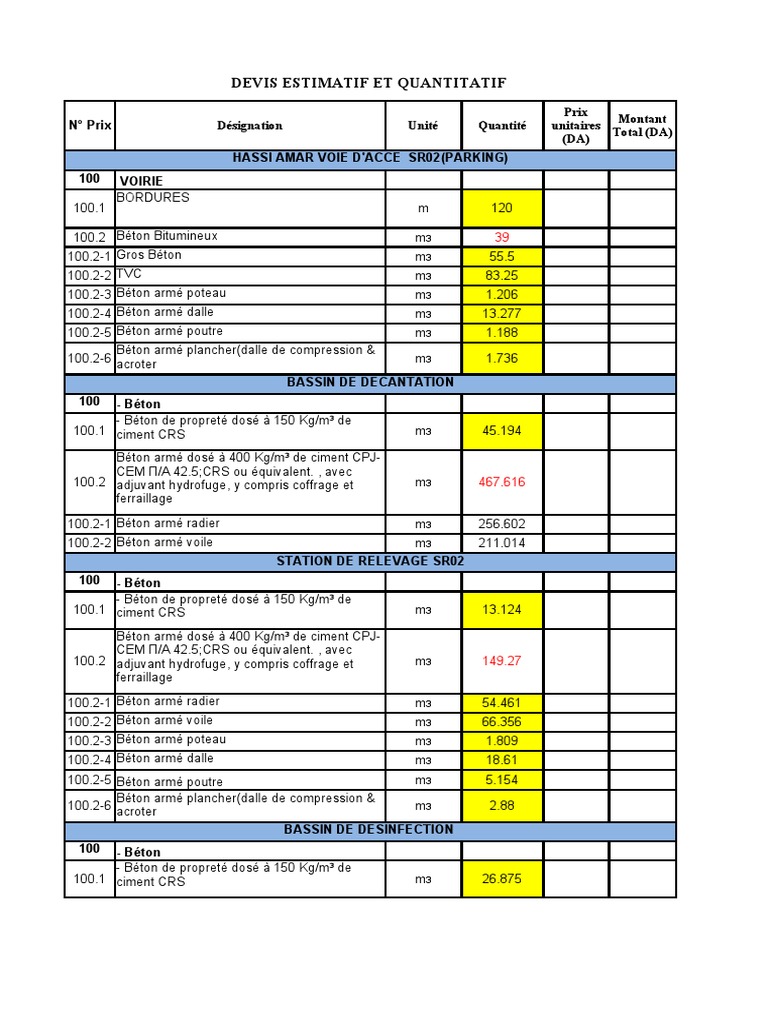 Devis Estimatif Et Quantitatif Hassi Amar | PDF | Béton armé | Éléments ...