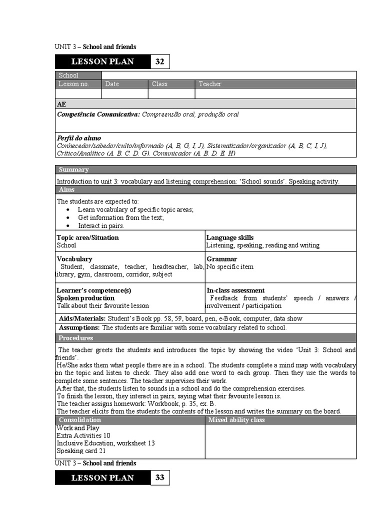 Lesson Plan School Lesson No Date Class Teacher PDF Reading