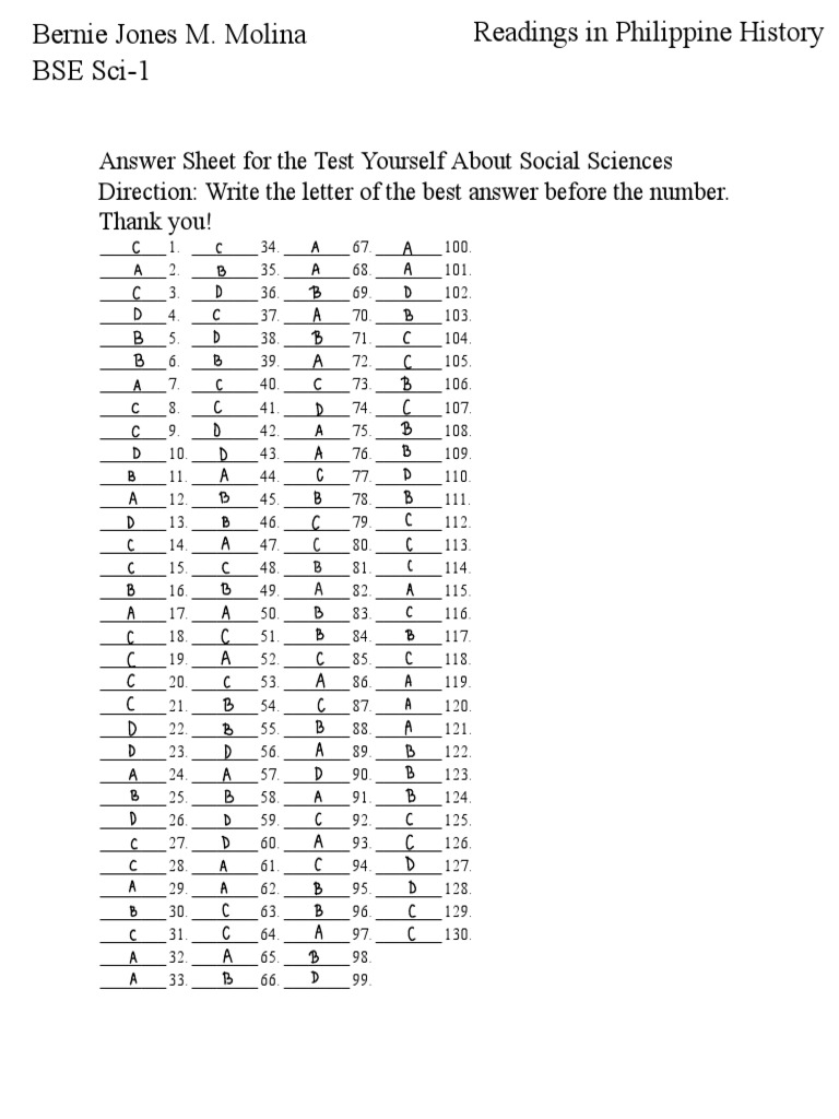 Answer Sheet For The Test Yourself About Social Sciences | PDF ...