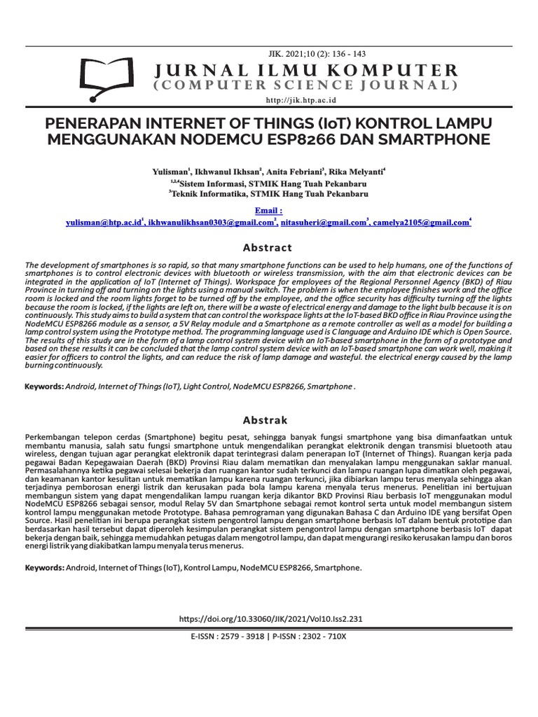 Penerapan Internet of Things (IoT) Kontrol Lampu Menggunakan NodeMCU ...