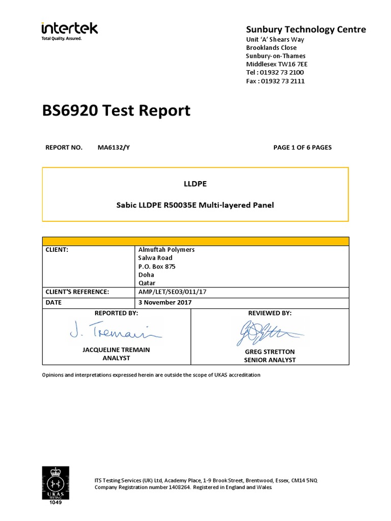 BS6920 Test Report: Sunbury Technology Centre | PDF | Water | Water Quality