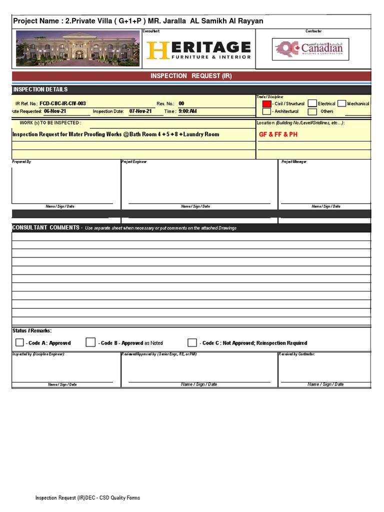 Inspection Request (Ir) : Project Name: 2.private Villa (G+1+P) MR. Jaralla AL Samikh Al Rayyan ...