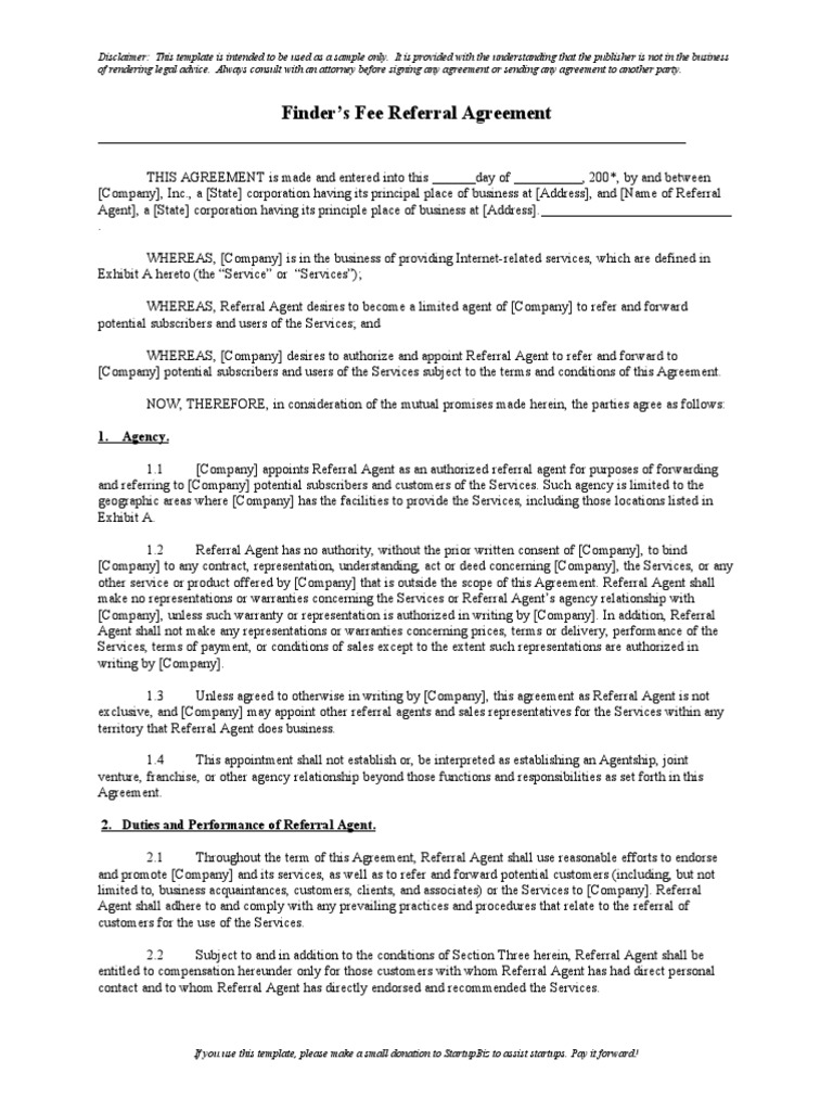 Finders Fee Referral Agreement | PDF | Law Of Agency | Legal Liability