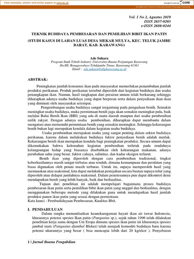 Teknik Budidaya Pembesaran Dan Pemilihan Bibit Ikan Patin (Studi Kasus Di Lahan Luas Desa Mekar ...