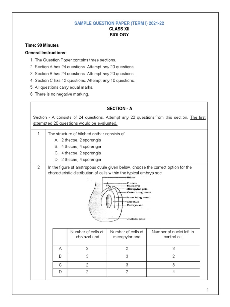 Class XII Biology Term I Question Paper | PDF