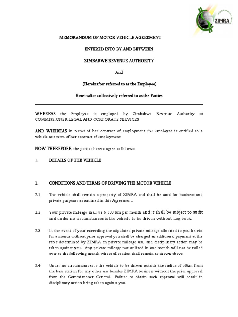 MEMORANDUM OF MOTOR VEHICLE AGREEMENT - Altertions by AM | PDF | Driver ...
