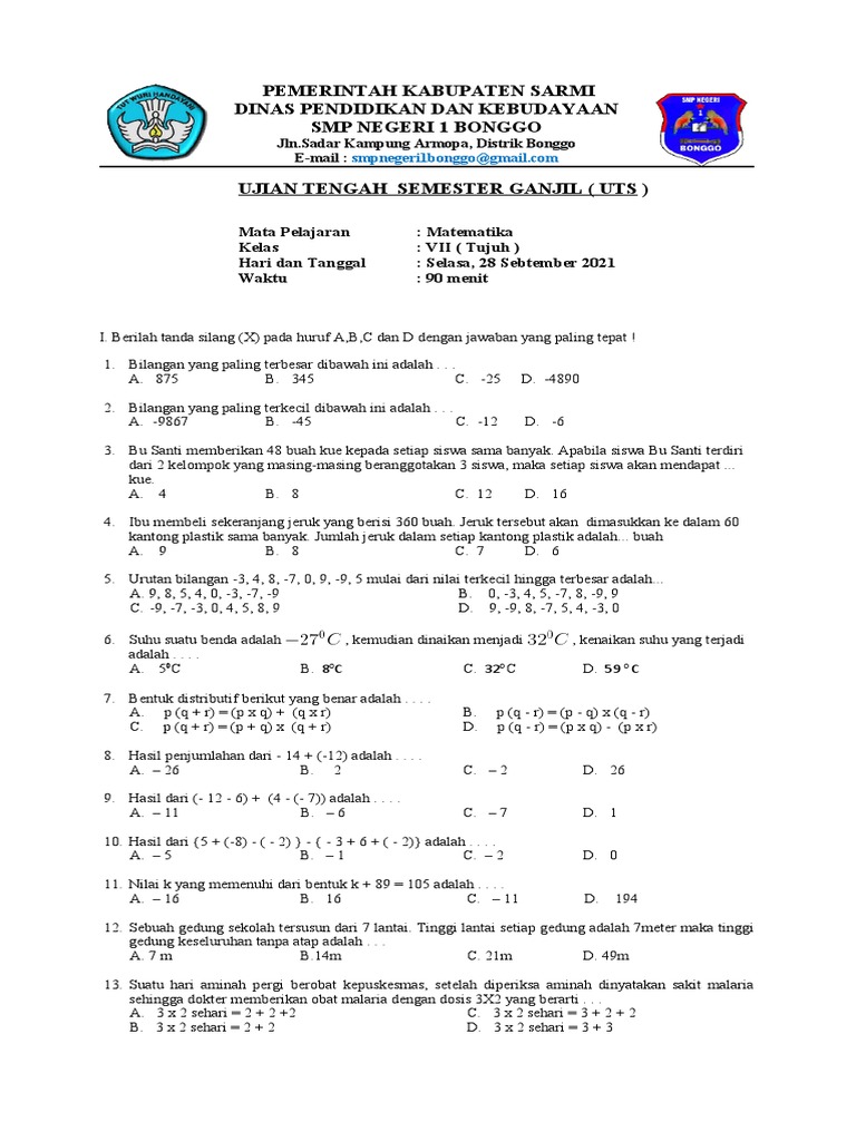 Soal Uts MTK Kls 7 2021 | PDF | Metode & Bahan Ajar
