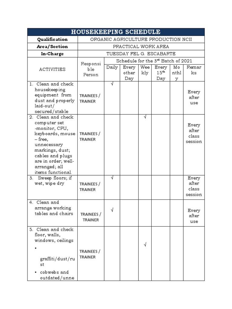 Housekeeping Schedule Tuesday | PDF | Building Engineering | Home