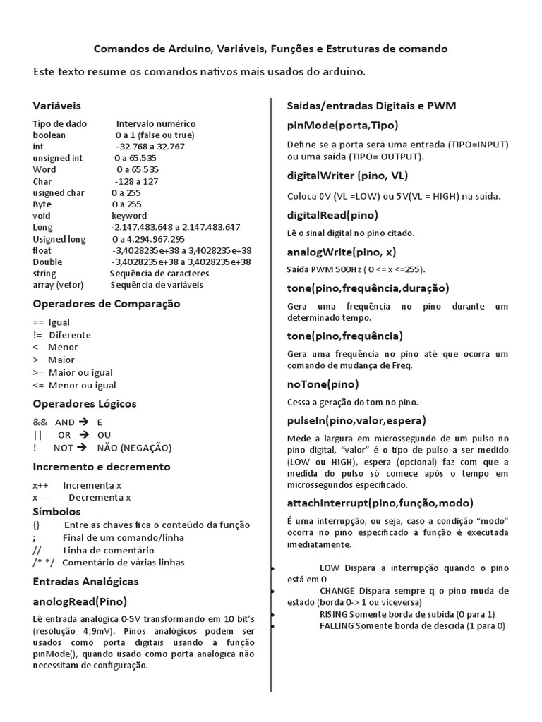 Comandos de Arduino | PDF | Dados de computador | Informática