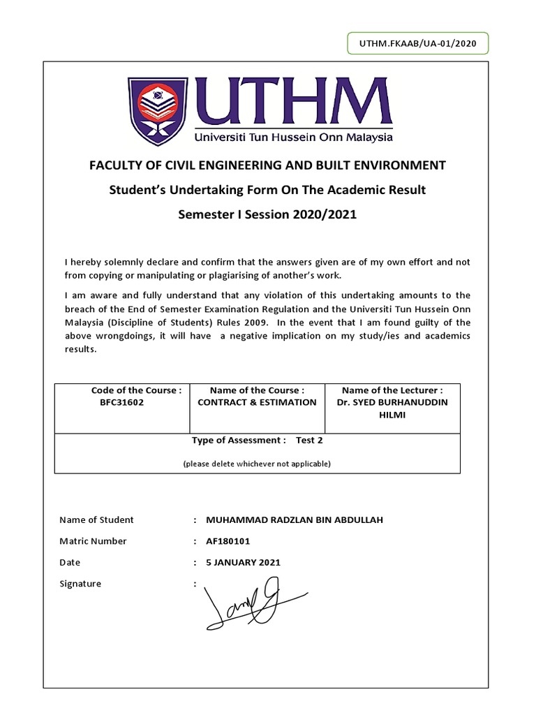 2 Student Undertaking Form | PDF