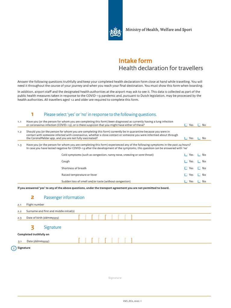 Intake Form: Health Declaration For Travellers | PDF | Medical ...