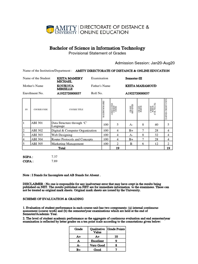 Bachelor of Science in Information Technology: Provisional Statement of ...