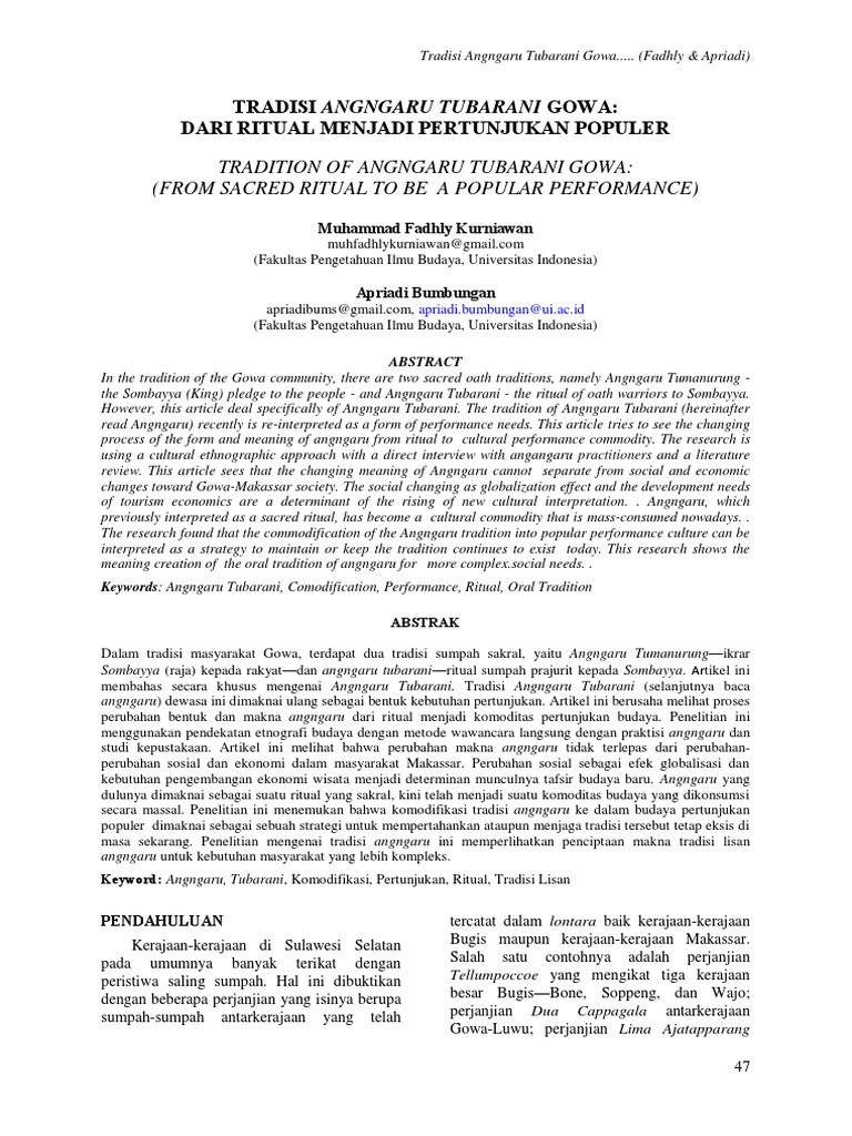 Tradition of Angngaru Tubarani Gowa: (From Sacred Ritual To Be A ...