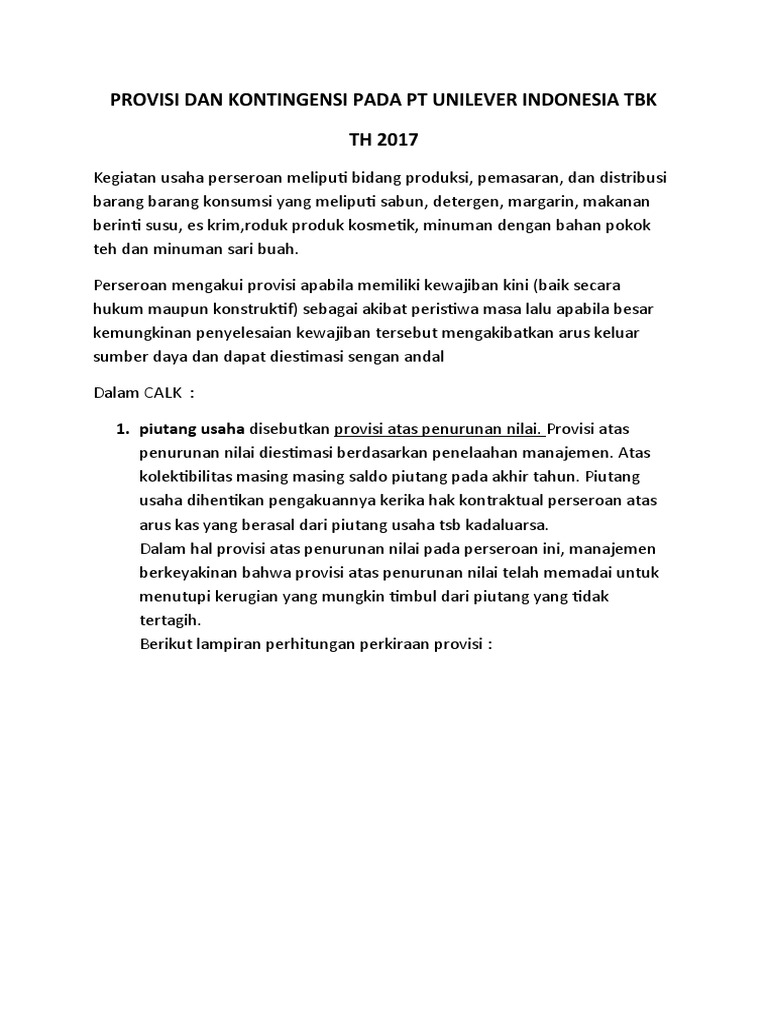 PROVISI DAN KONTINGENSI PADA PT UNILEVER TH 2017 (Revisi) | PDF