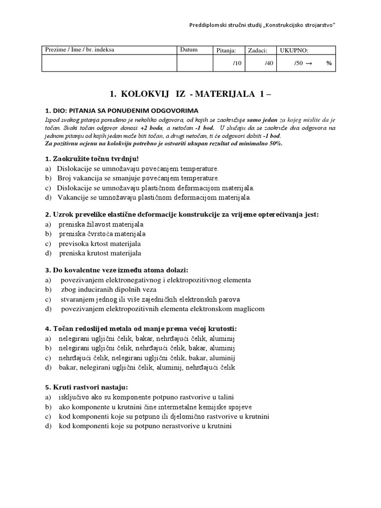 Kolokvij - Primjer 1 | PDF