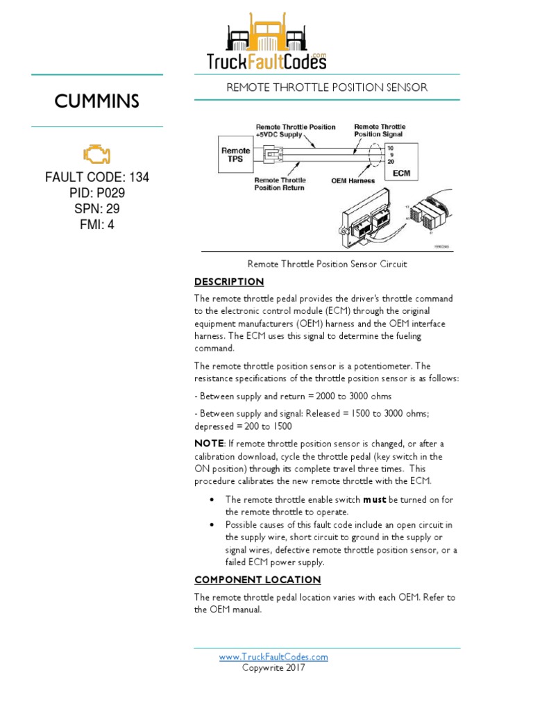 Cummins: Fault Code: 134 PID: P029 SPN: 29 FMI: 4 | PDF | Switch ...