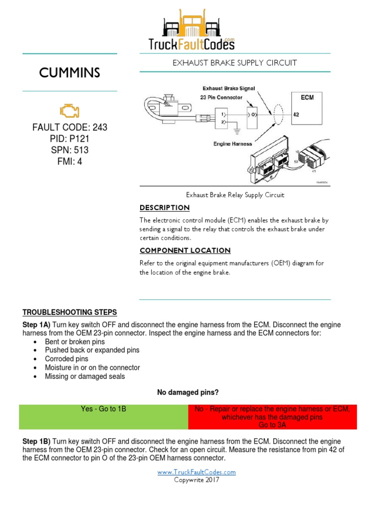 Cummins: Fault Code: 243 PID: P121 SPN: 513 FMI: 4 | PDF | Electrical ...