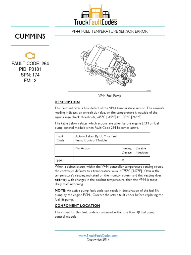 Cummins: Fault Code: 264 PID: P0181 SPN: 174 FMI: 2 | PDF ...