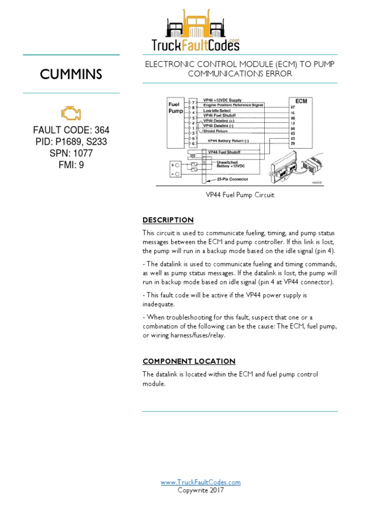 Cummins: Fault Code: 364 PID: P1689, S233 SPN: 1077 FMI: 9 | PDF ...