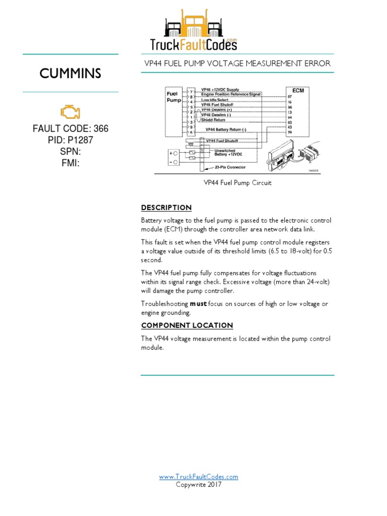 Cummins: Fault Code: 366 PID: P1287 SPN: Fmi | PDF | Electrical ...