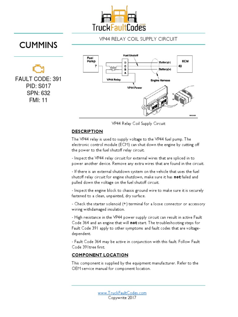 Troubleshooting the VP44 Relay Coil Supply Circuit Fault Code 391 | PDF ...
