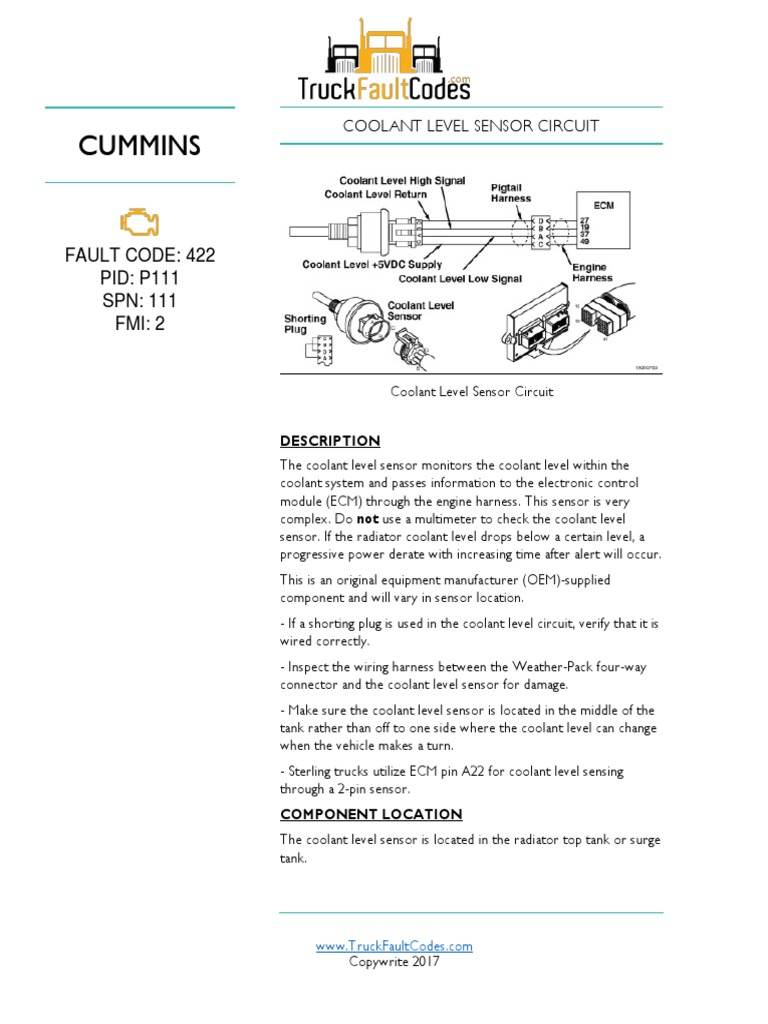 Cummins: Fault Code: 422 PID: P111 SPN: 111 FMI: 2 | PDF | Electrical ...