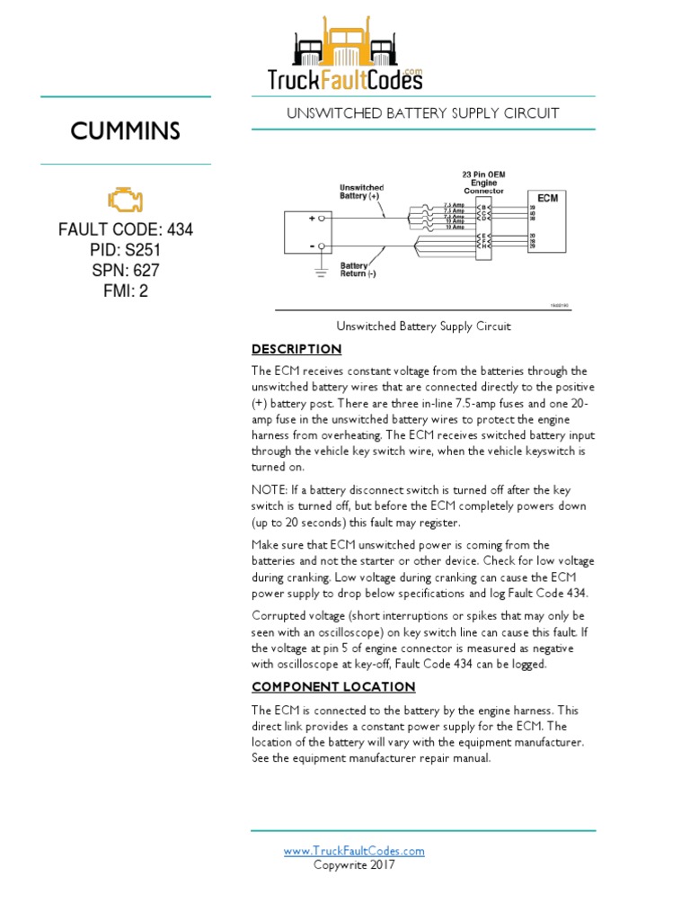 Cummins: Fault Code: 434 PID: S251 SPN: 627 FMI: 2 | PDF | Switch ...