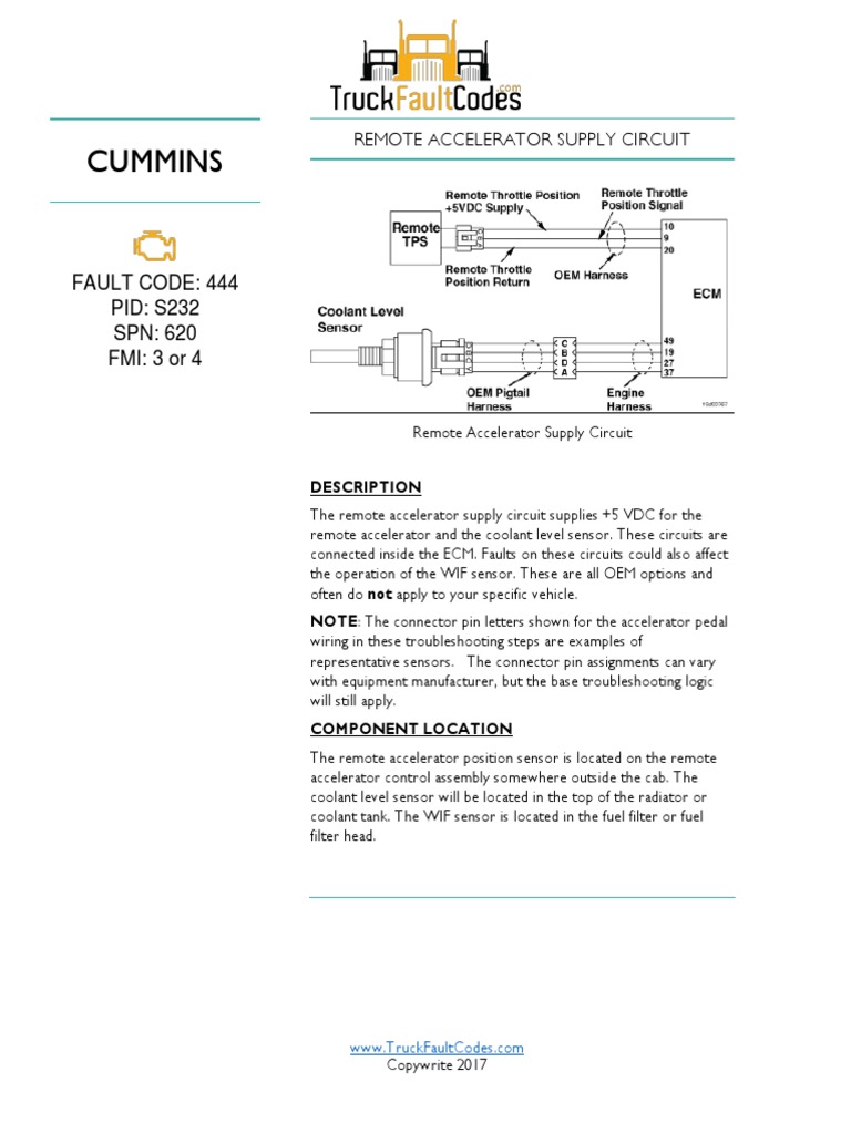 Cummins: Fault Code: 444 PID: S232 SPN: 620 FMI: 3 or 4 | PDF ...