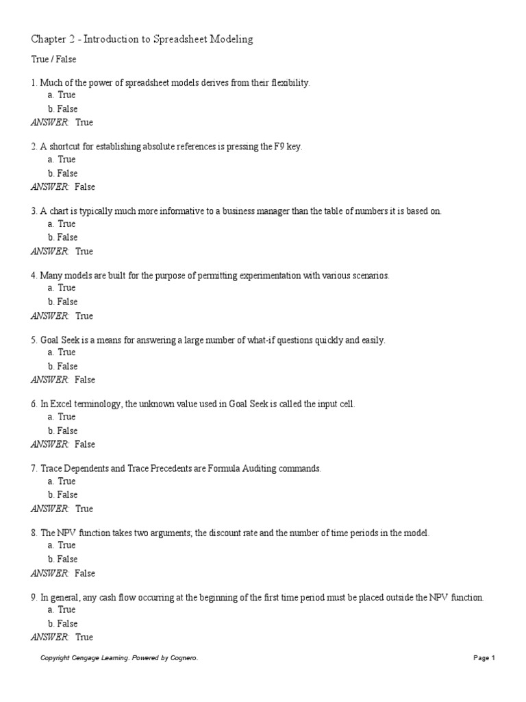 Chapter 2 - Introduction To Spreadsheet Modeling: Answer: True | PDF ...