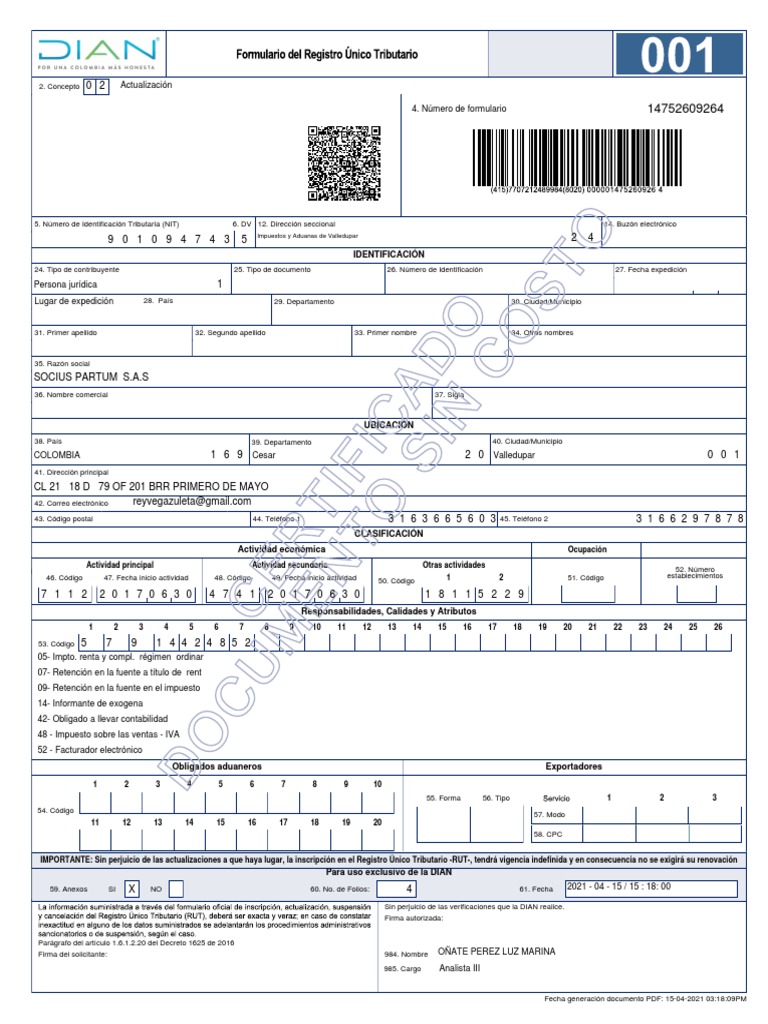 14752609264-Rut Certificado de Socius Partum Sas | PDF | Business | Pagos