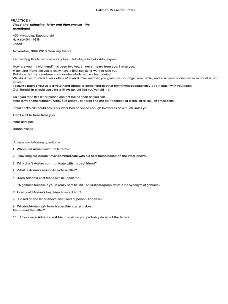 Read The Following Letter and Then Answer The: Practice 1 Questions! | PDF