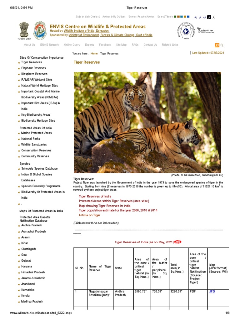 ENVIS Centre On Wildlife & Protected Areas: Tiger Reserves | PDF ...