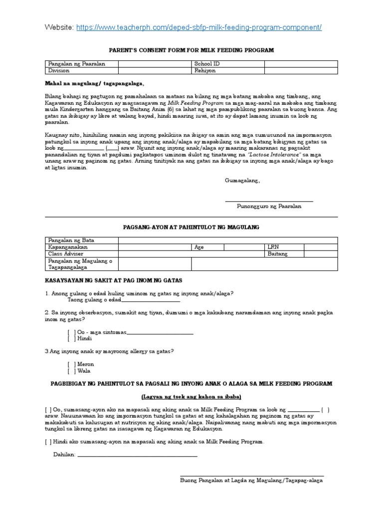 DepEd Parent's Consent Form For Milk Feeding Program | PDF