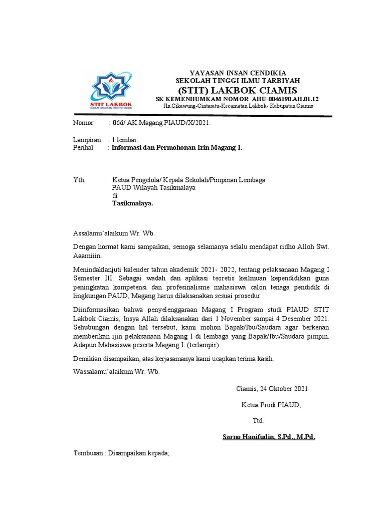 Surat Izin Tempat Magang | PDF