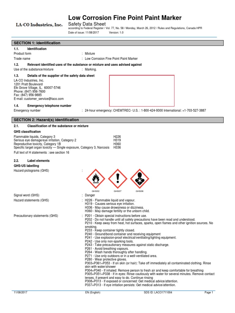Low Corrosion Fine Point Paint Marker: Safety Data Sheet | PDF ...