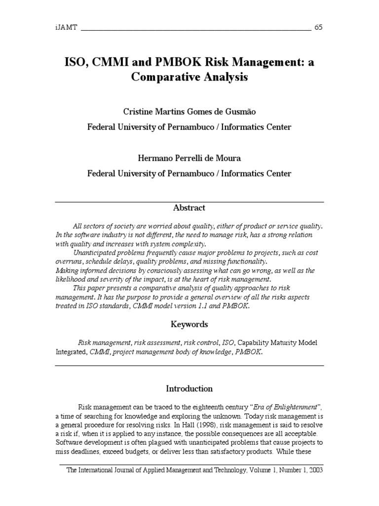 ISO, CMMI and PMBOK Risk Management A Comparative Analysis | PDF | Risk ...