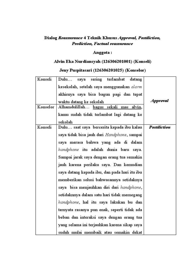 Dialog Reassurance Alvin Dan Jeny - BKI 3A | PDF | Karier & Perkembangan