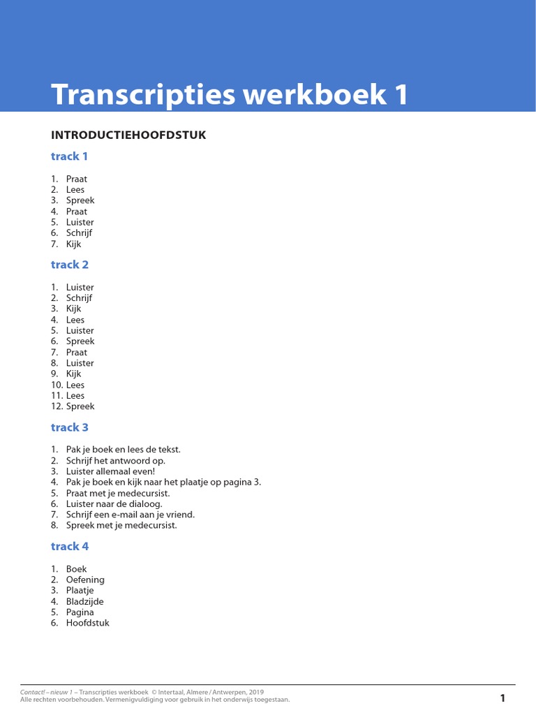 Contact Nieuw 1 Transcripties Werkboek | PDF