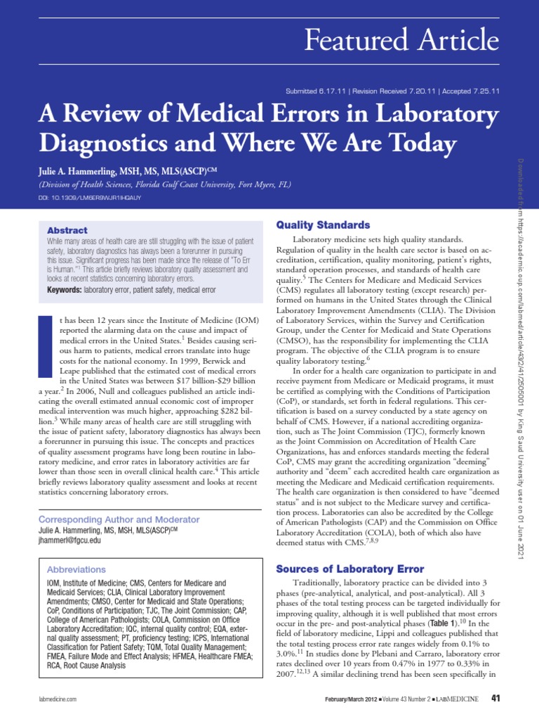 A Review of Medical Errors in Laboratory Diagnostics and Where We Are ...