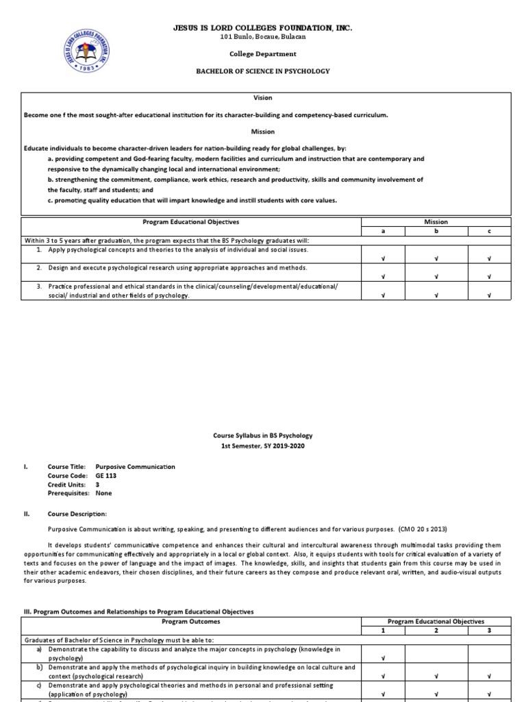 Purposive Communication - Syllabus (BSPsych) | PDF | Psychology | Learning