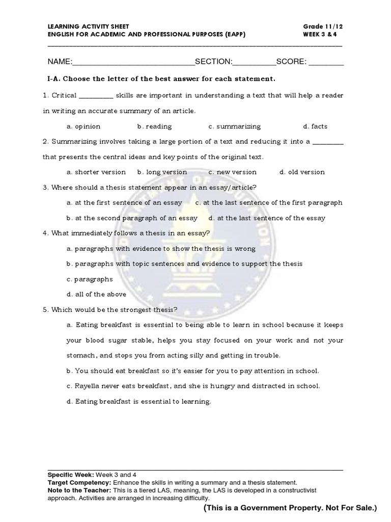 Eapp Q1 Las 2 | PDF | Essays | Thesis