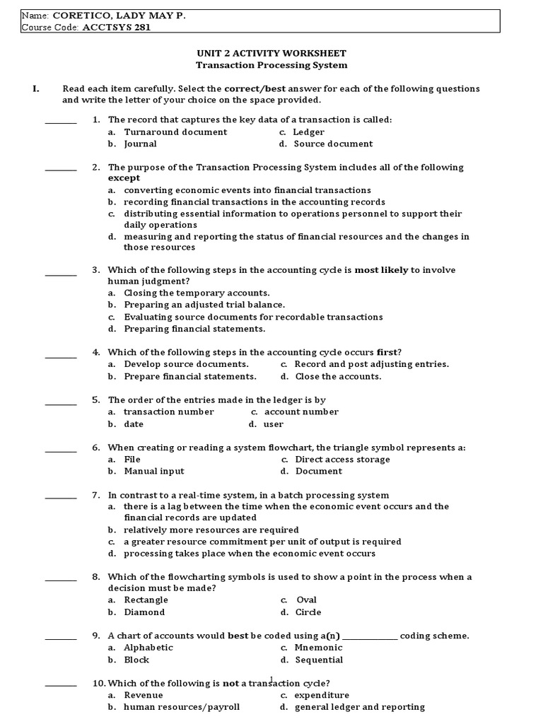 Unit 2 Activity Worksheet Transaction Processing System I | PDF ...