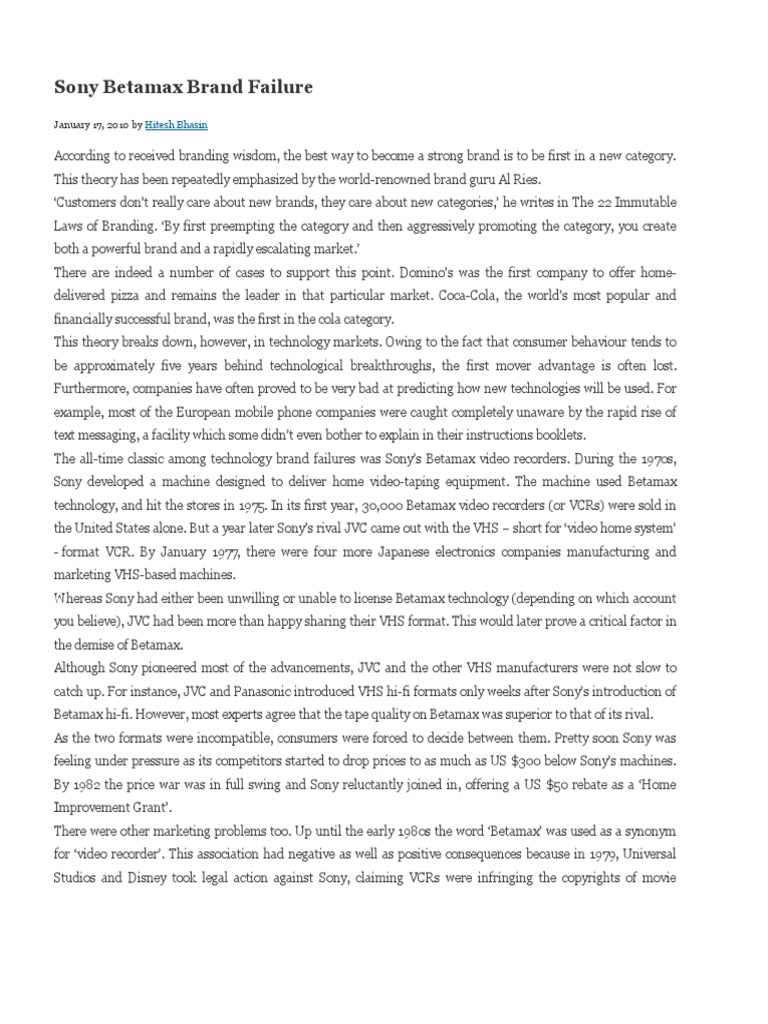 Sony Betamax Brand Failure: Hitesh Bhasin | PDF | Videocassette ...