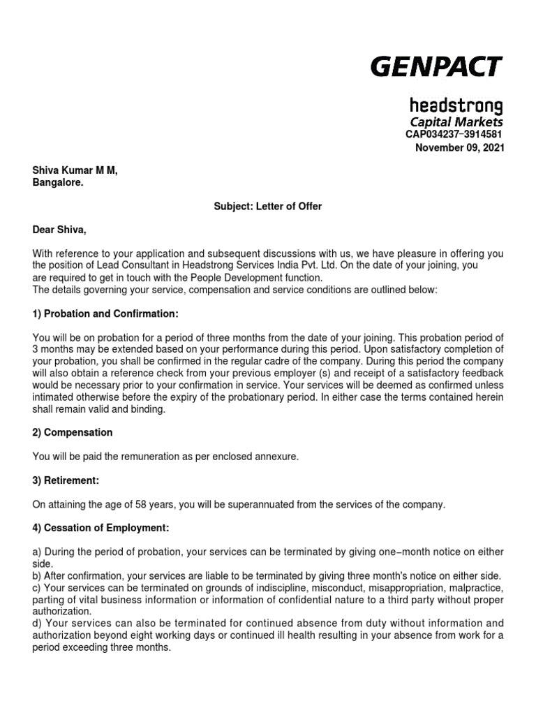 Genpact OfferLetter | PDF | Confidentiality | Insurance