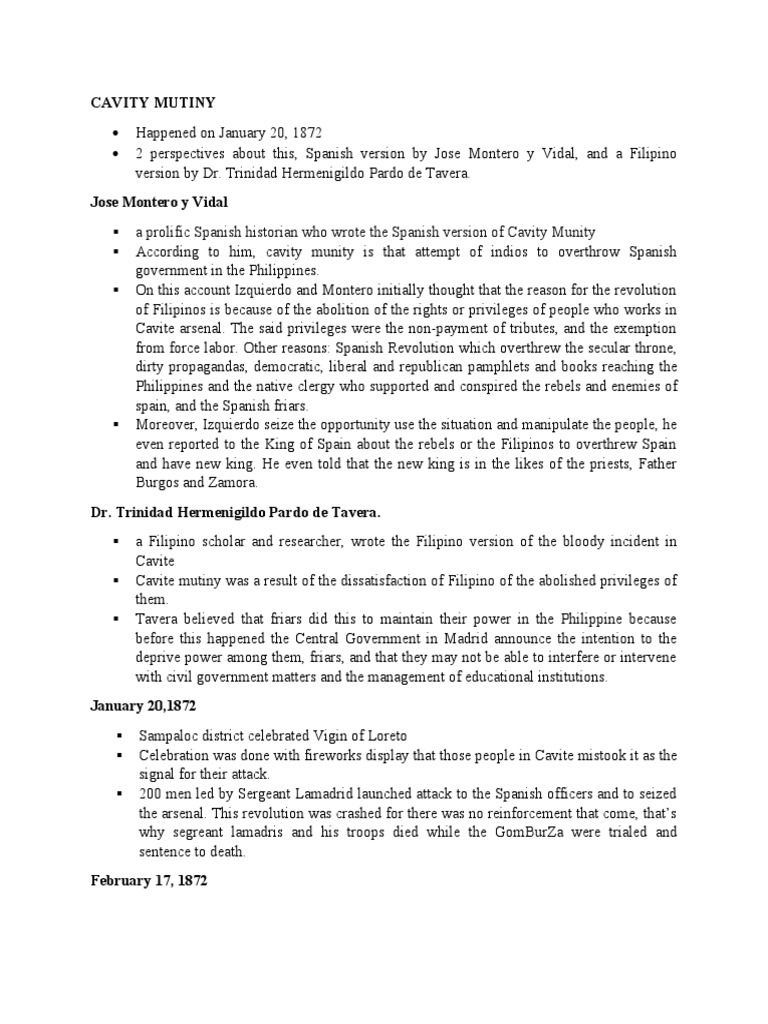 Cavity Mutiny Outline | PDF | Philippines | Spanish Colonization Of The ...