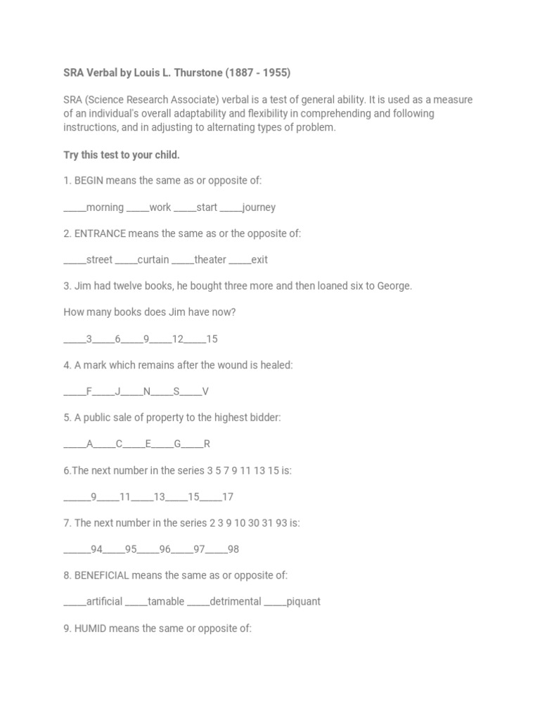 SRA Verbal by Louis L. Thurstone (1887 - 1955) : Try This Test To Your ...