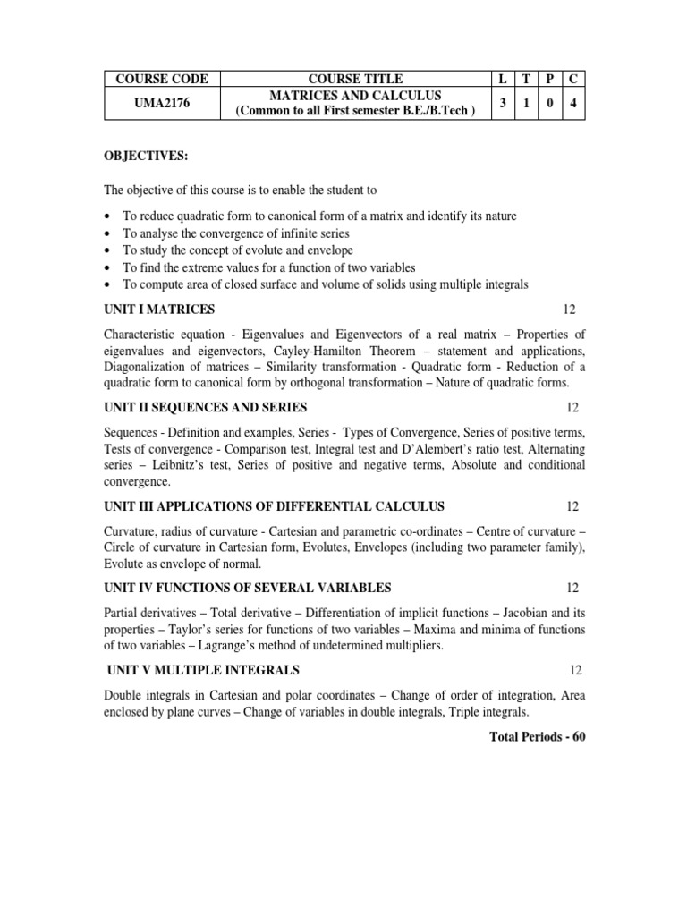 Matrices and Calculus Syllabus 2021 | PDF | Matrix (Mathematics) | Curvature