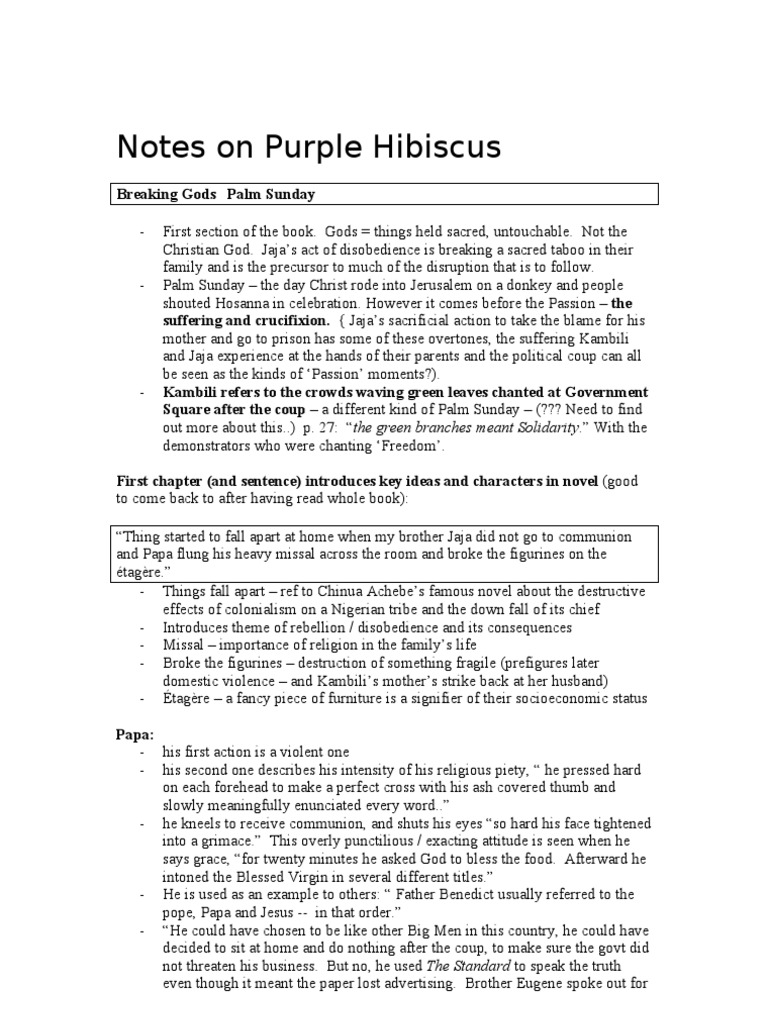 Purple Hibiscus Chapter Summaries and Analysis | PDF | Religion ...