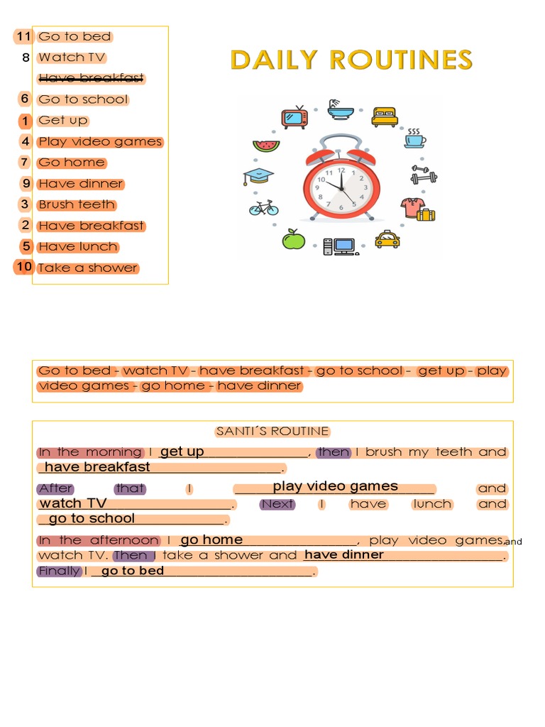 Get Up Have Breakfast Play Video Games Watch TV Go To School Go Home | PDF